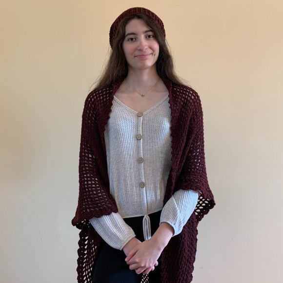 Sweaters | Crocheted Burgundy Maroon Shawlshoulder Wrap Beanie Set One ...
